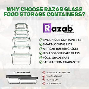 Glass Food Storage Containers 10 Pc, Airtight Glass Storage Containers with Lids, Glass Lunch Bento Boxes, Leak Proof BPA Free Large Glass Containers (5 lids, 5 Containers) Glass Containers with Lids