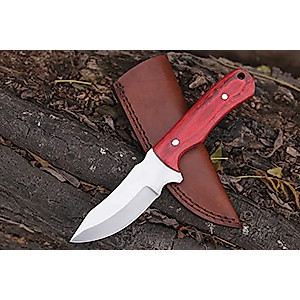 Exemplary Knives 9'' Handmade Fixed Blade knife with Cowhide Leather Sheath with integrated belt loop Stainless Steel Blade and Highly Polishing Red Pakkawood handle with Comfortable Grip for Outdoor Hunting, Hiking, Skinning, Camping and Bushcrafting.