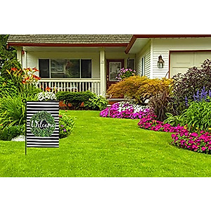 HOSNYE Boxwood Wreath Welcome Garden Flag 12x18 Inch Vertical Double Sided Black and White Stripes Background Garden Flags Rustic Farmhouse Yard Outdoor Decoration