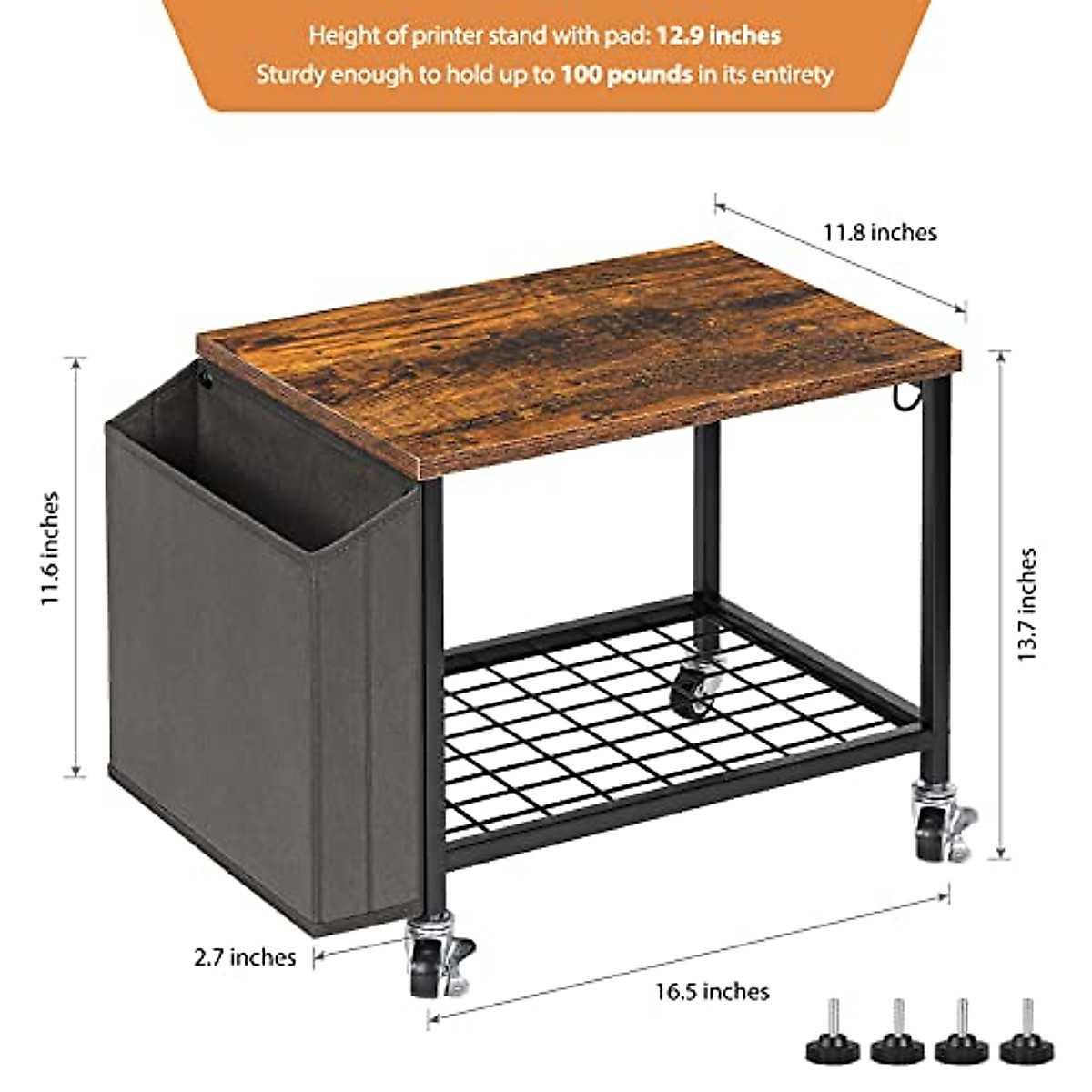 CADUKE 2 Tier Printer Cart Mobile Printer Table on Wheels, Printer Shelf with Storage Bag Under Desk Rolling Cart for Printer Organizer Stand with Hooks for Home Office, Farmhouse Brown and Black
