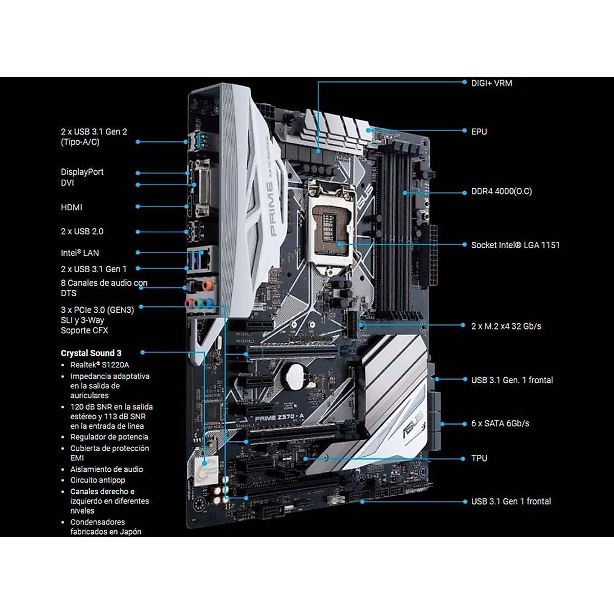 ASUS PRIME Z370-A LGA1151 DDR4 DP HDMI DVI M.2 USB 3.1 Z370 ATX Motherboard with USB 3.1 for 8th Generation Intel Core Processors