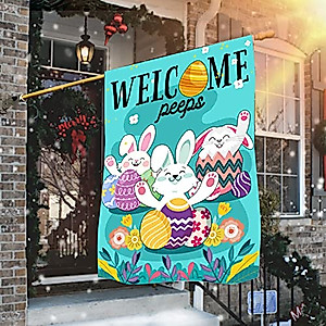 Q-Leo Easter Flag, Set 2 House Flag 28 X 40 And Garden Flag 12 x 18 Double Side, Small Garden Flags Decorations For Outside, Yard Outdoor Decor With 3 Bunny and Welcome Signs