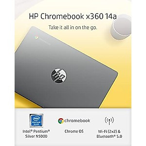 HP Chromebook x360 14a 2-in-1 Laptop, Intel Pentium Silver N5000 Processor, 4 GB RAM, 64 GB eMMC, 14" HD Display, Chrome OS with Webcam & Dual Mics, Work, Play, Long Battery Life (14a-ca0022nr, 2021)