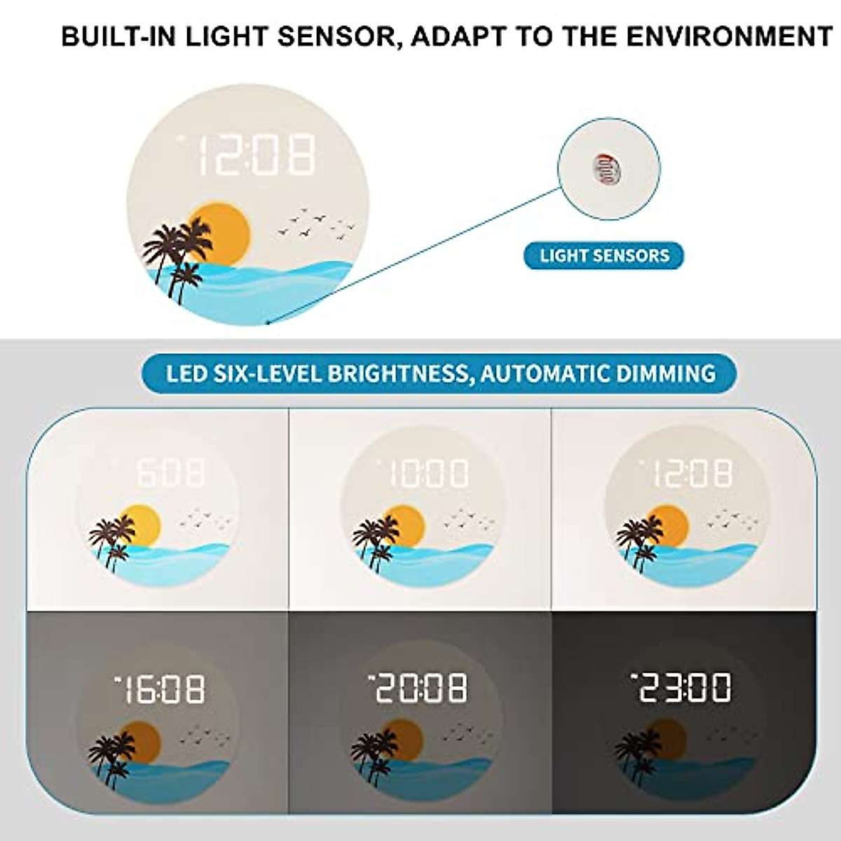 DMDMBSR USB Plug in Digital Wall Clock, Sunset Ocean Wave Design, 12/24Hr Wall Mounted Digital Clock, LED Wooden Silent Wall Clock for Living Room Bedroom Classroom Office (10In Off White)