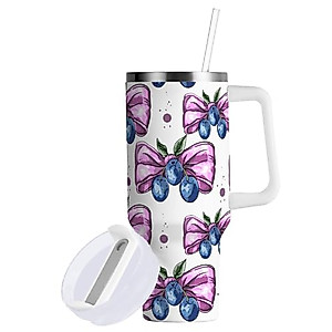 DIGTIA Stainless Steel Insulated Tumbler w/Handle & Straw, Bowknot Double Wall Vacuum Travel Coffee Mug Cup w/Lid, Leak-Proof Sports Blueberry Water Bottle,40oz