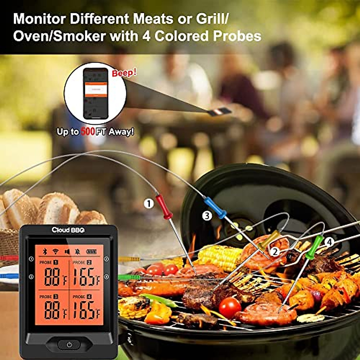 Cloud bbq Wireless Meat Thermometer of 500FT, Bluetooth Meat Thermometer for Smoker Oven, Grill Thermometer with Four Probes, Smart Rechargeable BBQ Thermometer for Cooking Turkey Fish Beef