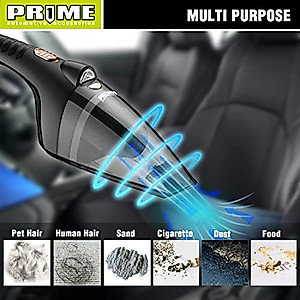 PR1ME Handheld Car Vacuum Cleaner, DC 12V Portable Car Vacuum Cleaner, Strong Suction High Power Hand Vacuum, LED Light, w/ 3 Attachments, 16 Ft Cord, Lightweight Dry Wet Amphibious Vehicle Cleaner