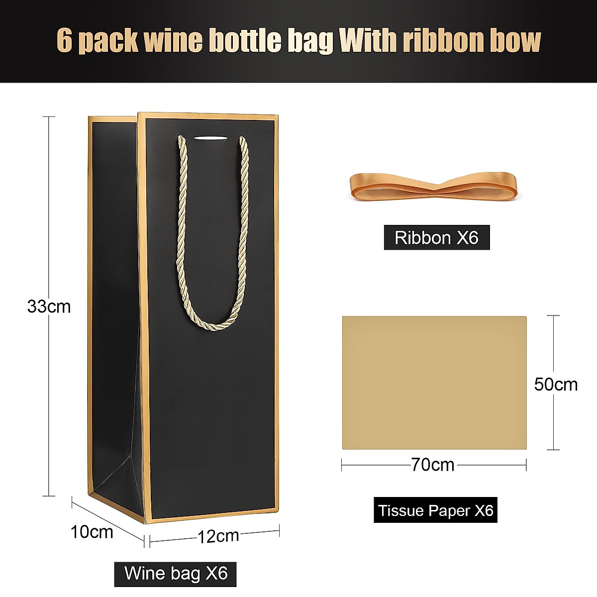 ZJHiome 6 Pack Wine Gift Bags with Tissue Paper Wine Bottle Paper Bags with Bow Ribbon for Wedding Birthday Christmas Retirement Party Supplies (Black)