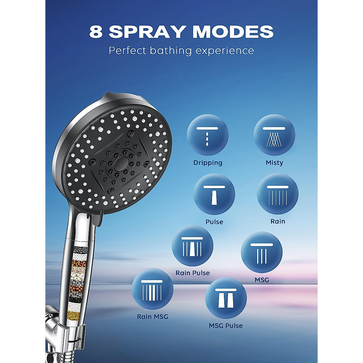 High Pressure Filtered Shower Head, 5" Large, Extra Long 70" SS Hose,10-mode Detachable Shower Head Filter for Hard Water, Handheld Shower Head for Bathroom, Anti-clog&Power Wash to Clean Tile & Pets