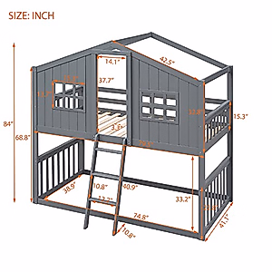 Merax Twin Over Twin House Bunk Bed with Ladder, Twin Wood Bed Frame with Roof Design, Bunk Bed for Teens, Boys and Girls, Gray