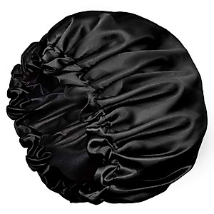 Satin Bonnets, Adjustable Satin Bonnets for Women, Double Layer Large Sleeping Silk Bonnet, Soft Sleep Bonnet for Women Girls Curly Natural Hair Night Sleep Cap(Black)