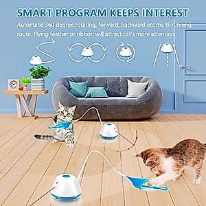 Frebento Cat Toy, Interactive Cat Toys for Indoor Cats Exercise, Automated Cat Light Toy with Light and Feathers, Self Rotating Auto Moving Kitten Toys, 3 Modes Electric Cat Toy, XHY