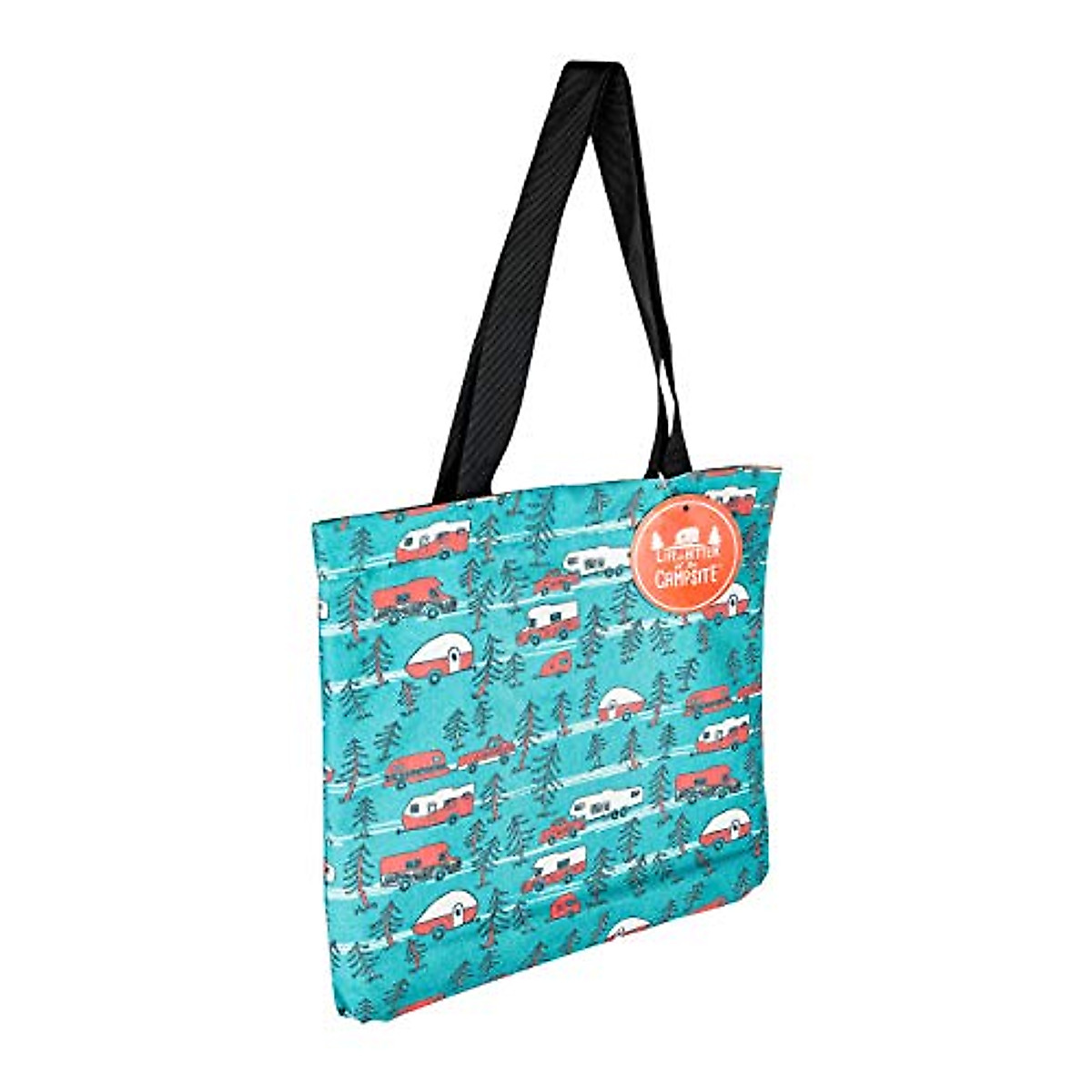 Camco Life Is Better at The Campsite Tote Bag | Features Teal Camper/RV Theme | Fully Lined Interior with Zippered Interior Pocket (53269) White Large