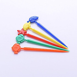 MXY Colorful Food Fruit Picks for Bento Box Cake Snack Forks Resuable Cute Design Hippo Fish Crab Turtle Starfish Set of 20 Pieces Pack of 2 Round Boxes