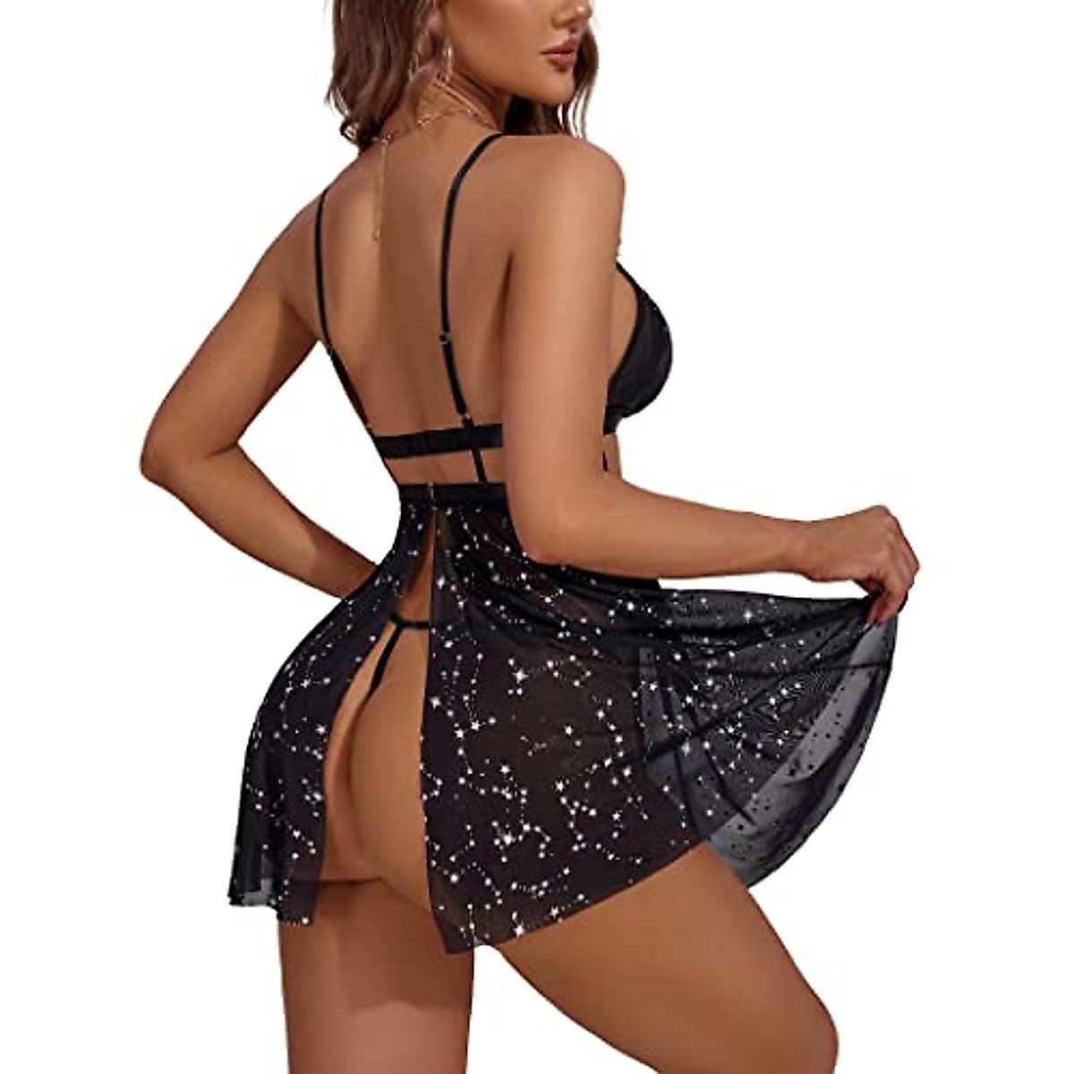Avidlove Plus Size Lingerie Lace Teddy Babydoll V Neck Lace Nighty Sleepwear Flocking Nightdress Black Star XXL