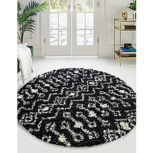 Unique Loom Moroccan Trellis Shag Collection Area Rug - Meknes (10' Round, Black and White)