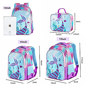 THE Crafts Reversible Sequin School Backpack Lightweight Little Kid Book Bag with Lunch Bag Set for Preschool Kindergarten Elementary (17", Mermaid with Lunch Bag)