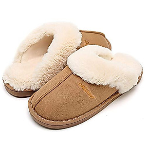 Afellicy Fluffy Slippers Memory Foam Tan Slippers for Women Fuzzy Winter Indoor Outdoor Suede Fur Lined Cozy Plush Warm Slip-On Anti-Skid House Shoes Furry Slippers