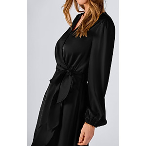 PRETTYGARDEN Women's Satin Fall Dress Semi Formal Satin Long Sleeve Wrap V Neck Ruffle Belted A-Line Flowy Maxi Dresses (Black,Small)