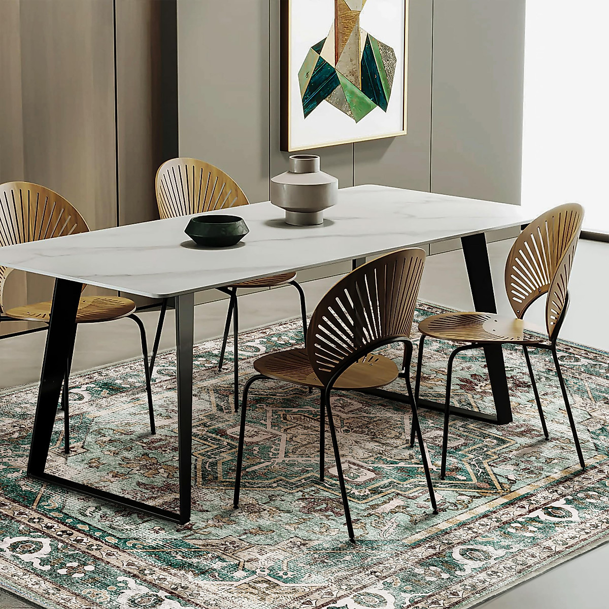 CHAMPLANT 6'x9' Green Washable Area Rug Boho Chic Medallion Distressed Design Non-Shedding Easy Care Ideal for High Traffic Areas in Living Room Bedroom Office Kitchen Coffee Table Large Carpet