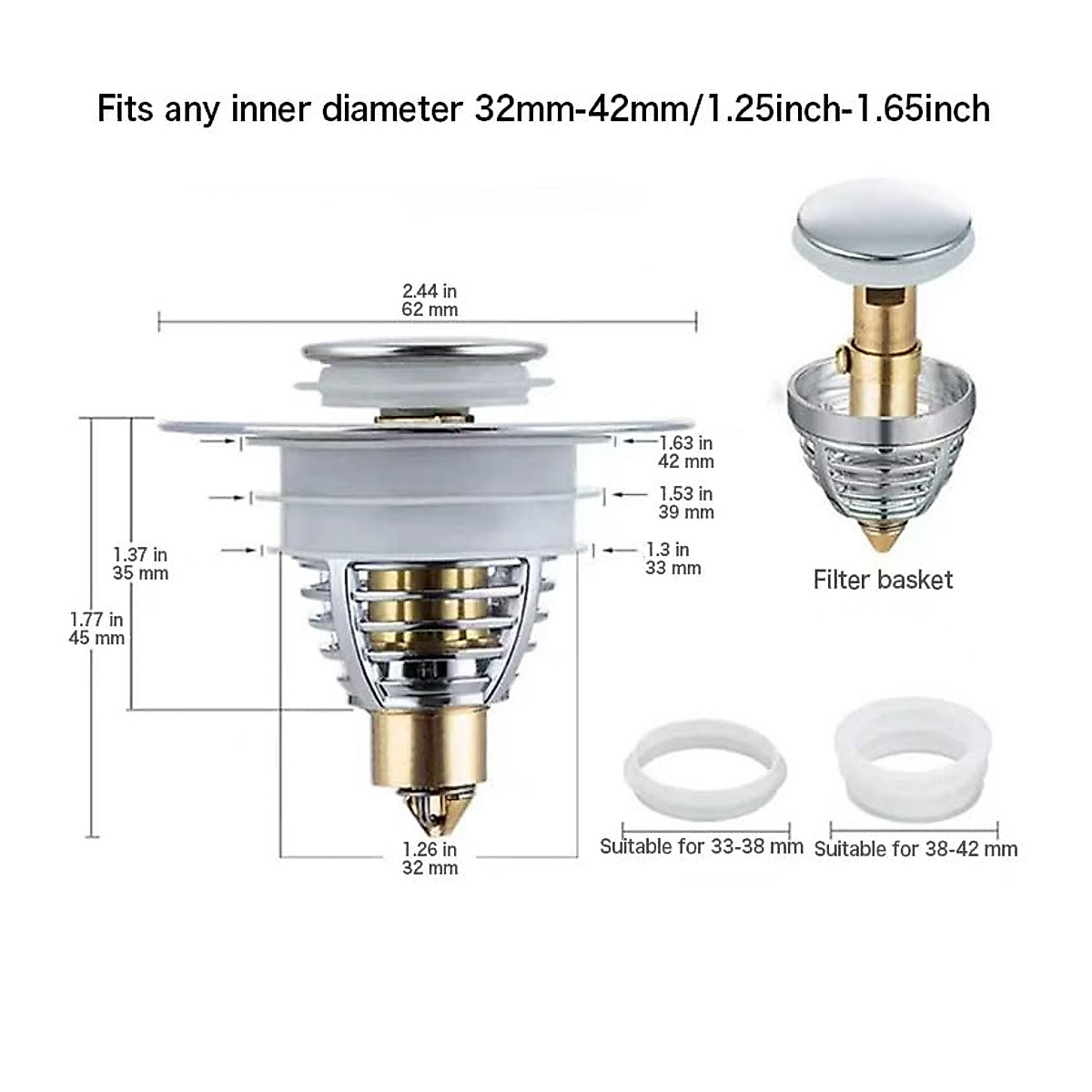 Fits Any 1.25” to 1.65” Wide tub Drain Stainless Steel Sink Cover, pop-up Universal Odor Resistant Sink Drain with Silicone Gasket, and Shower Cap with Anti Clogging Filter (LVZUI871)