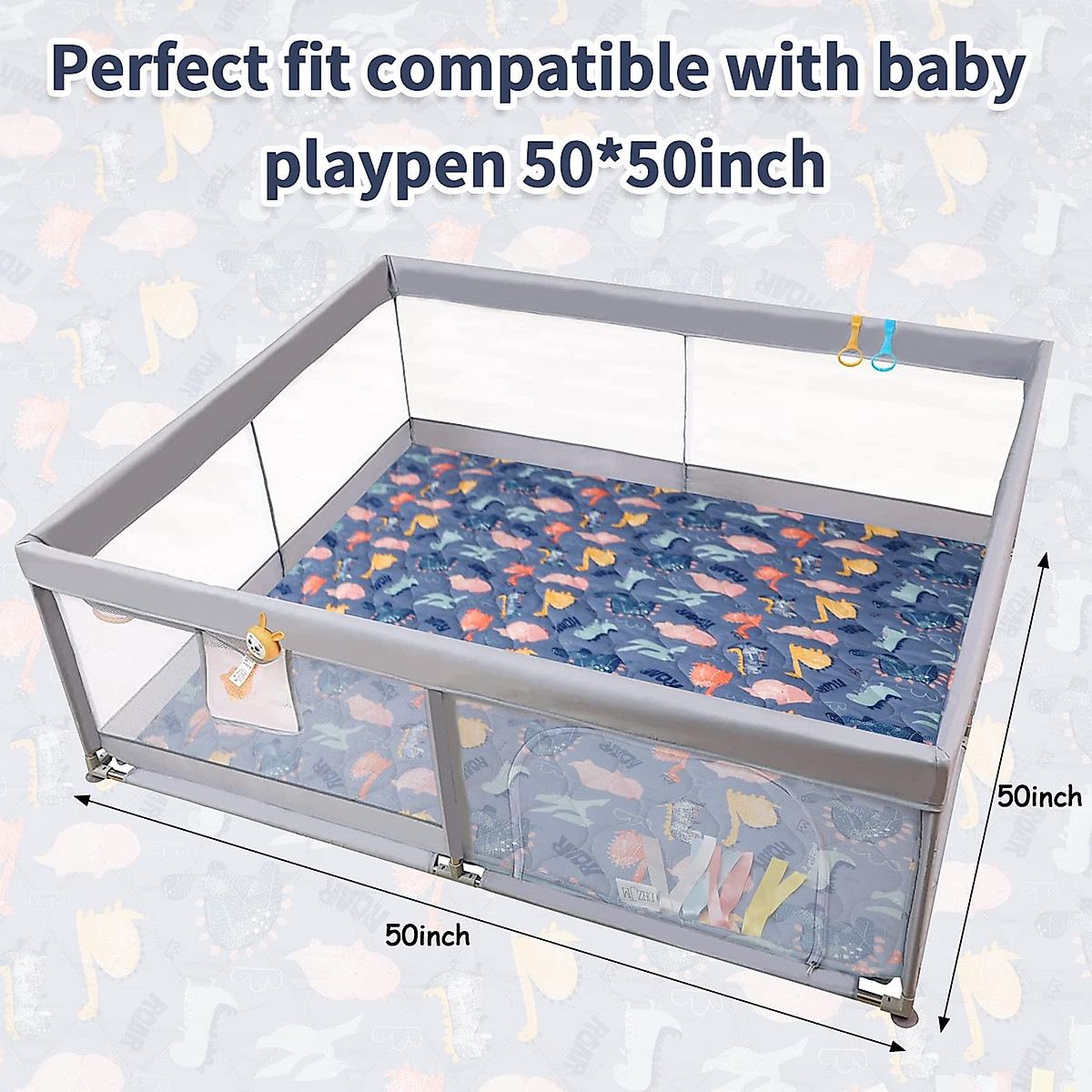 DHZJM Baby Play Mat,50x50 Playpen Mat,One-Piece Crawling Mat Non Slip Baby Mat for Floor,Tummy Time Mat- Compatible for LIAMST Baby Playpen 50x50 Inches-Baby Registry Search(Dinosaur)