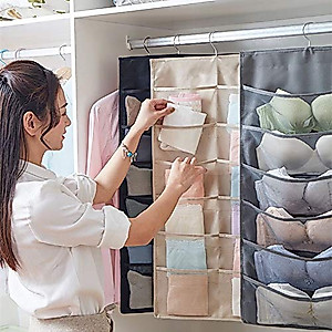 Ovyuzhen Dual-Sided Wall Closet Organizer Hanging with Mesh Pockets for Underwear,Bra,Socks,Accessories with Hanger Metal Hook Wardrobe Storage Bags Oxford Cloth Space Saver