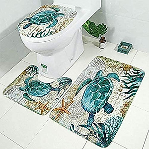 4PCS Underwater World Shower Curtain Sets with Non-Slip Rugs, Toilet Lid Cover and Bath Mat, Nautical Ocean Shower Curtains with 12 Hook s, Durable Waterproof Bath Curtain (Turtle, Medium)