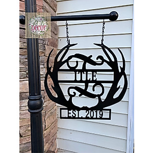 PK Décor Deer Antler Decor with Family Last Name with Established Year, Metal ACM Buck Antlers Sign Gift, Rustic Initial Monogram Door Hanger, QUICK Ship (Split Letter Established Year)