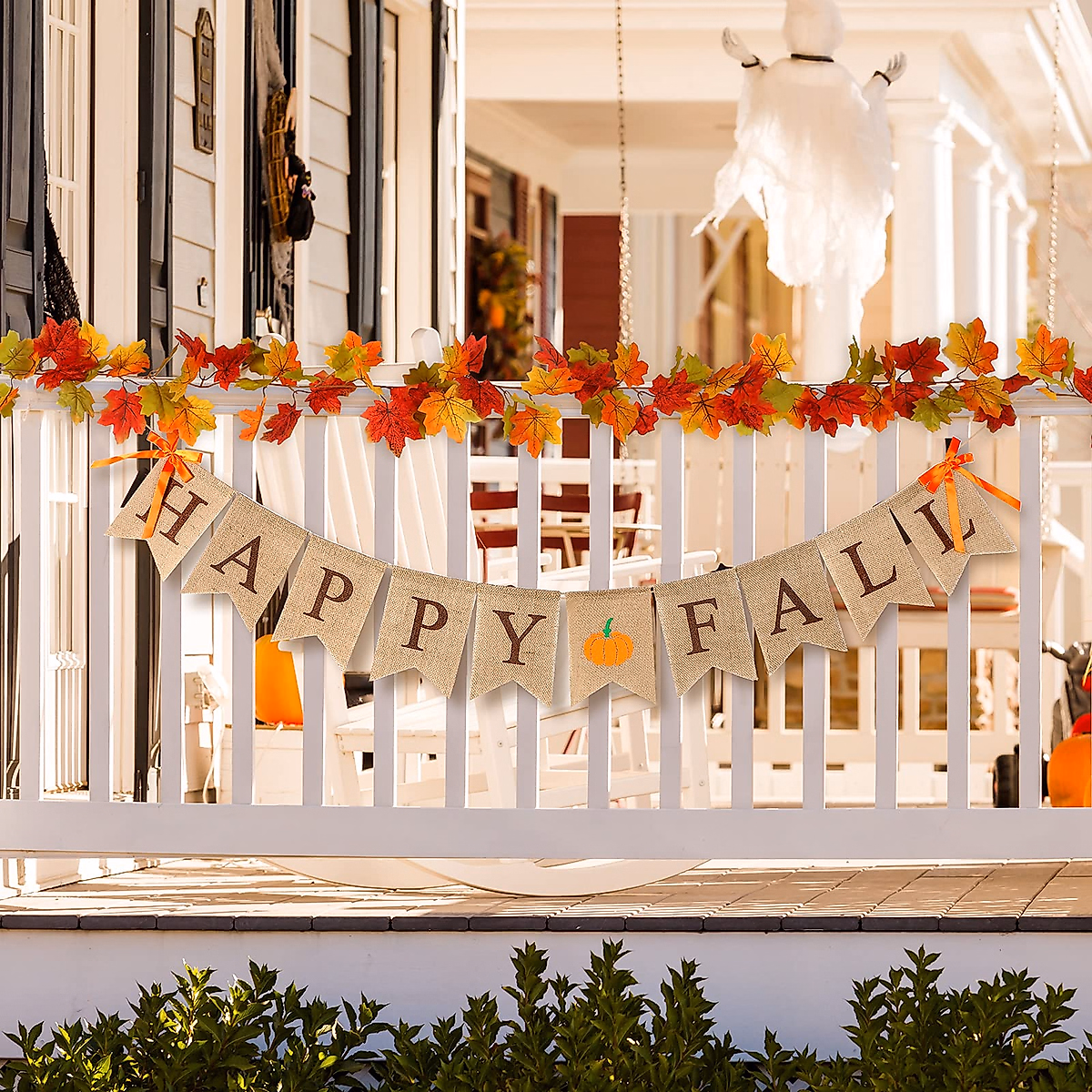 Thanksgiving Maple Leaf Garland Artificial Fall Foliage Garland and 20 LEDs String Light and Happy Fall Burlap Banner Thanksgiving Pumpkin Bunting Flag Garland for Autumn Thanksgiving Window Decor