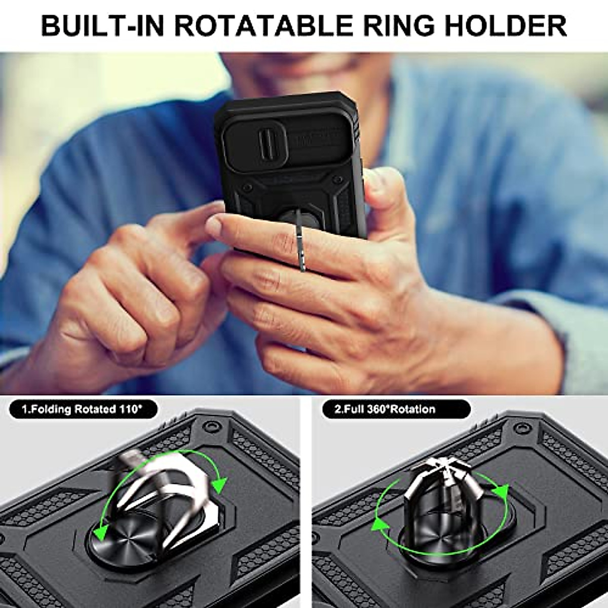 BOBOM [4 in 1 Armor Case for iPhone 14 Case with Stand & Camera Cover [2 Pack Tempered Glass Screen Protector Included] Military Grade Heavy Duty Protective Ring Holder Kickstand Case 6.1 Inch, Black