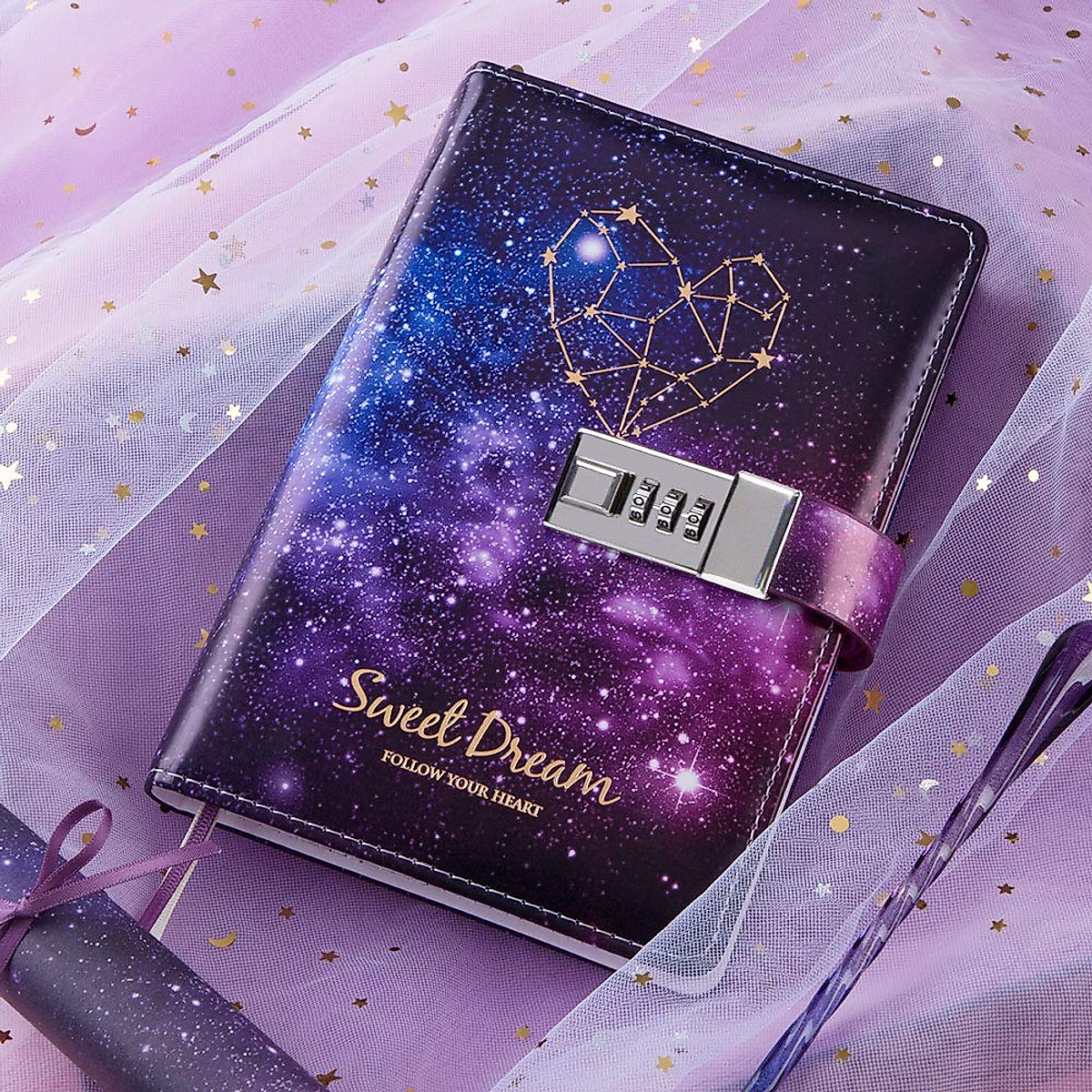 CAGIE Starry Lock Leather Diary Combination Lock Journal Personal Constellation Secret Writing Journal Notebook Daily Planner Hardcover Agenda Gifts for kids girls boys women, 7.4 X 5.1 In