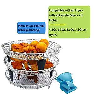 Air Fryer Racks, 3Pack Round Stackable Dehydrator Racks with Insulated Clamp and Brush Universal Stainless Steel Kitchen Air Fryer Accessories Fit all 5.0QT - 10.0QT Air fryer, 8inch
