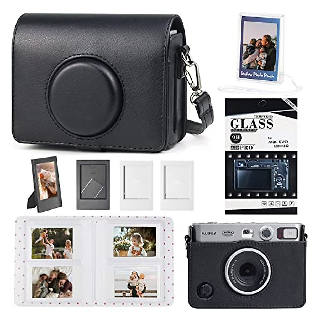 WOGOZAN Accessories for Fujifilm Instax Mini EVO Digital Hybrid Case Instant Film Camera with Photo Holder & Album & Frames, Screen Protector - Black