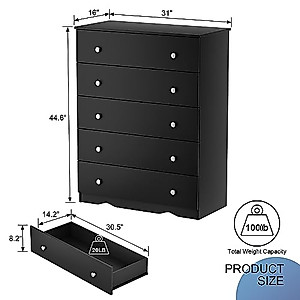 JUMMICO Drawer Wooden Dresser, 5 Drawer Dresser for Closet Bedroom, Modern Wooden Storage Drawer for Nursery Living Room and Hallway Dressers & Chests of Drawers (Black)