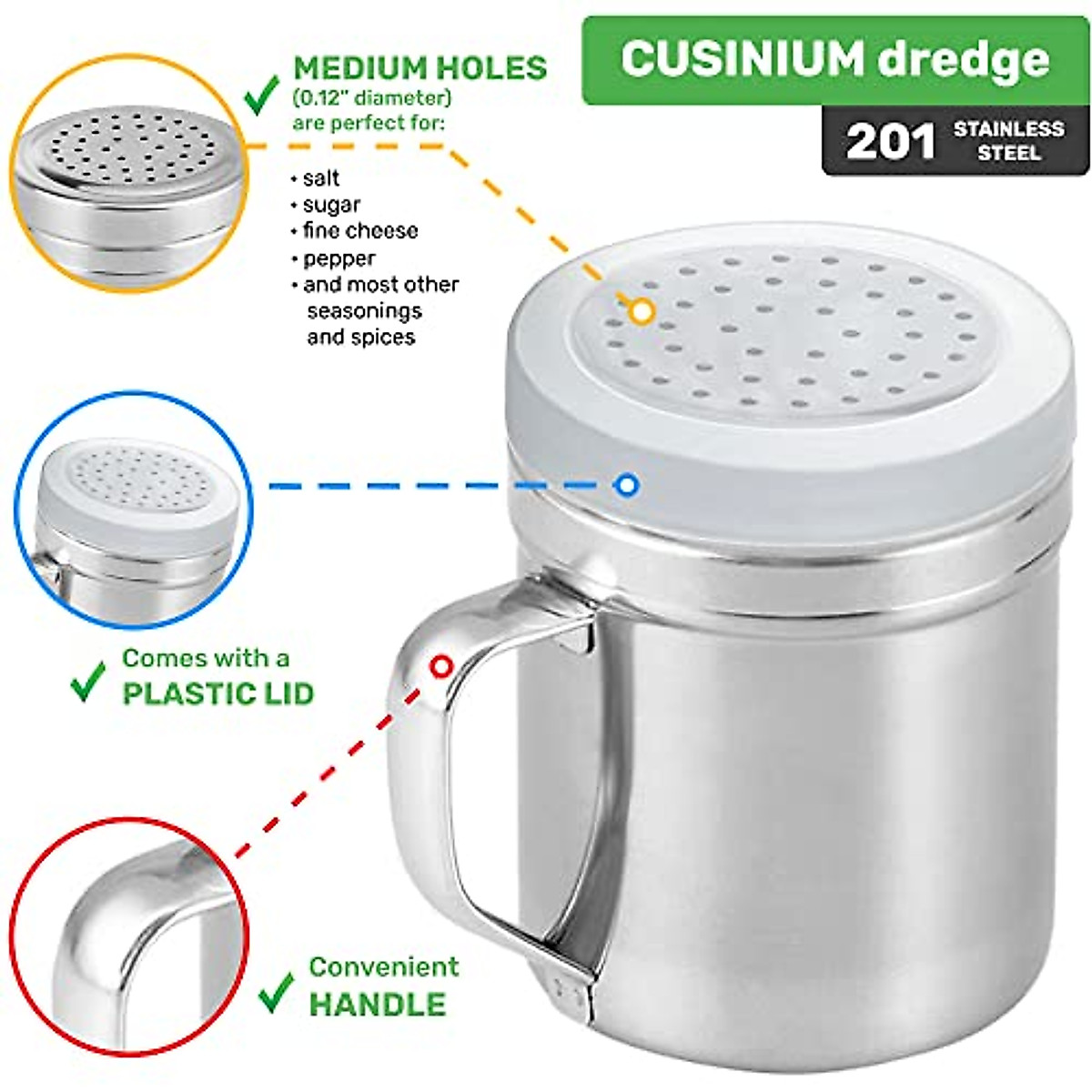 CUSINIUM 10oz Stainless Steel Salt Pepper Dredge Shakers - With Plastic Cap - With Handle - Pack of 4
