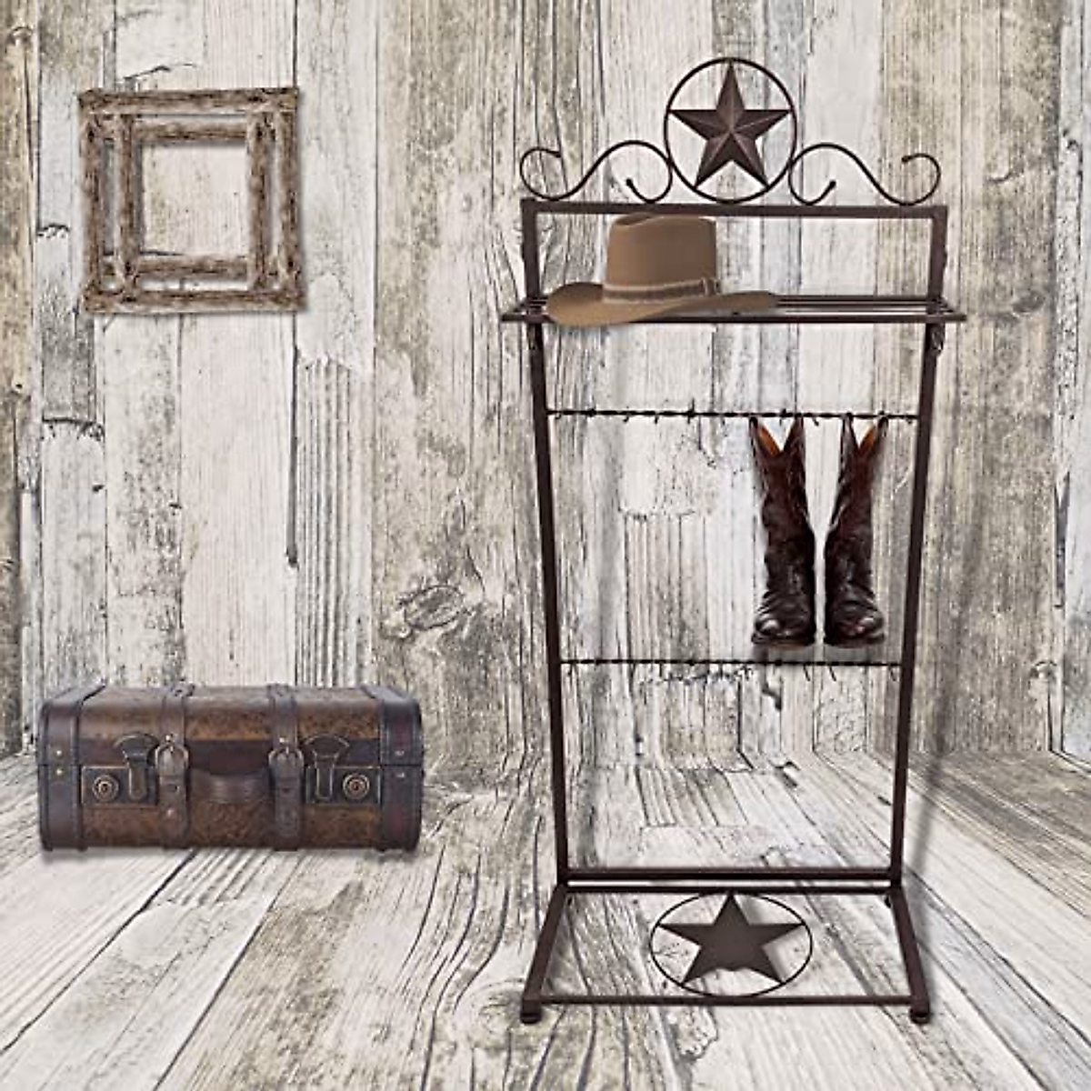 Metal Free-Standing Garment Rack in Rustic Western Cowboy Style with Star Decoration for Boots, Belts, Hats and more.