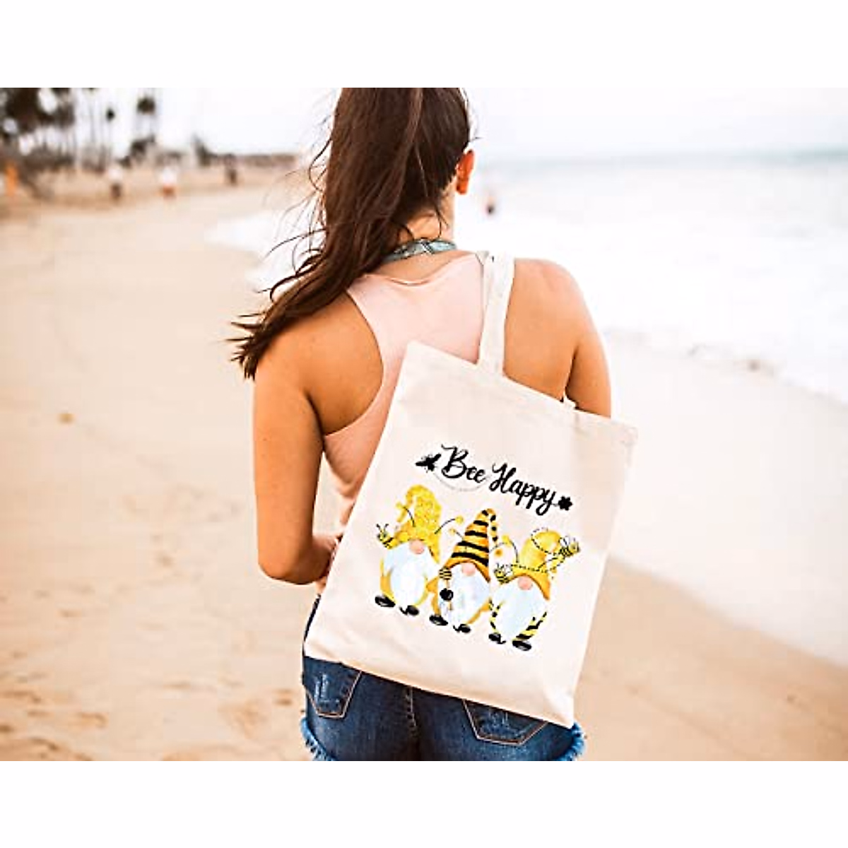 GXVUIS Bee Happy Canvas Tote Bag for Women Cute Gnomes Reusable Travel Grocery Shoulder Shopping Bags Girls Funny Gifts White