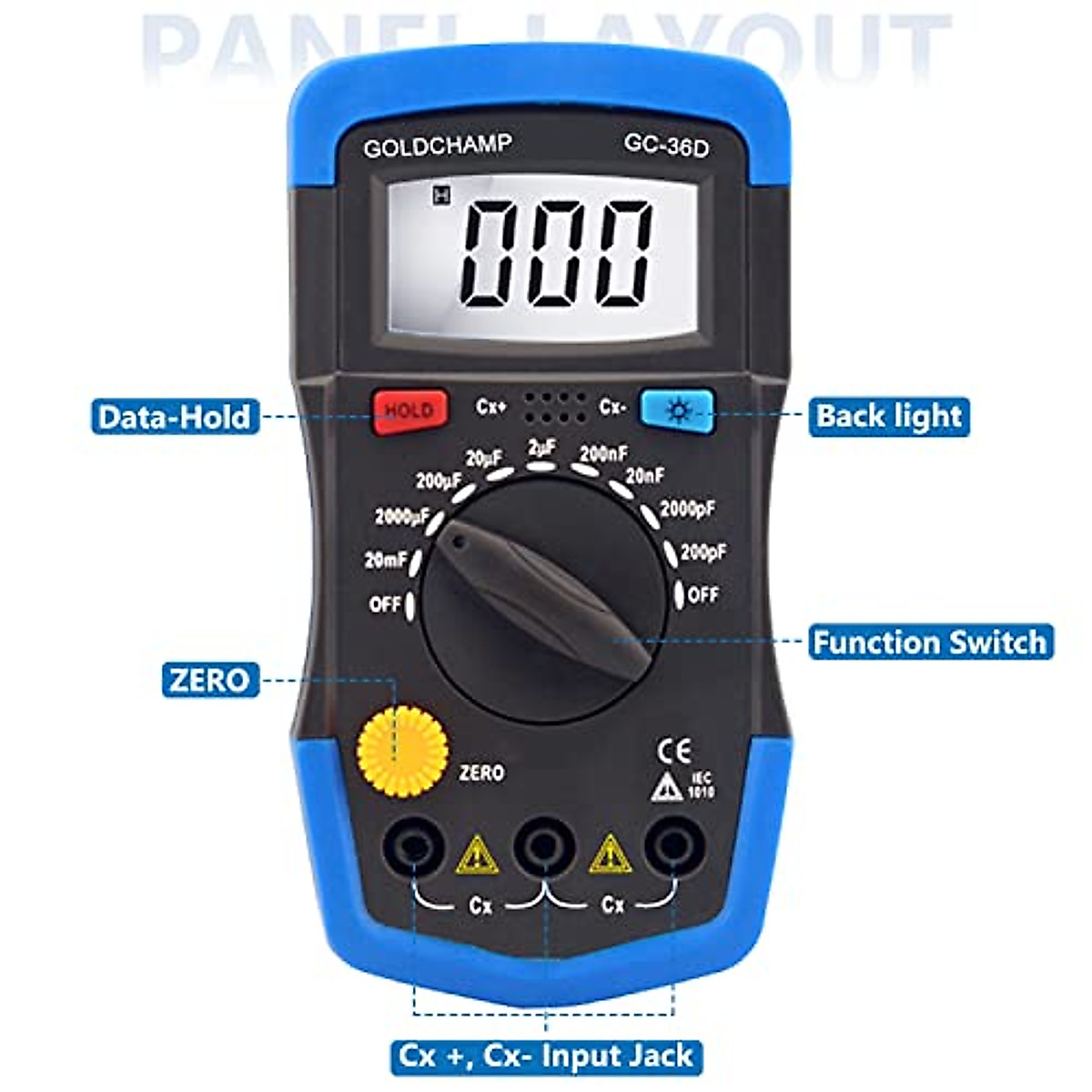 GOLDCHAMP Digital Multimeter Capacitance Meter 200pF-20mF Meter Capacitor Handheld Multimeter Tester with Multi Testers Manual Range Measure Tool, Back Light, Data Hold