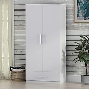 Hitow Wardrobe Armoire Closet with 2 Doors, Freestanding Wardrobe Cabinet with Drawer & Hanging Rod, Bedroom Armoire Clothes Organizer, White Type C (31.5" W x 18.9" D x 66.9" H)