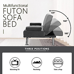DKLGG Convertible Futon Sofa Bed, Upholstered Sofa Couch, Recliner Loveseat Folding Daybed with 2 Cup Holders and Removable Armrests Sleeper Sofa for Small Space, Home, Living Room, Dark Gray