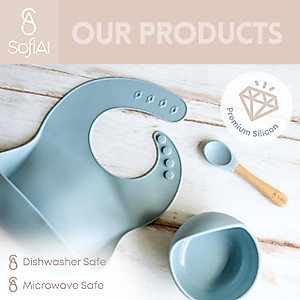 All In One Silicone Baby Feeding Set By SofiAl - Safe for 6-12 Months - Non-Toxic Baby Led Weaning Supplies, Suction Plate Or Bowl, Bib, Spoon & Gift Bag - BPA-Free - Mess Free Baby Feeding Essentials