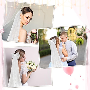 Dingion 9.84 ft 1 Tier Wedding Bow Knot Veil Long Pearl Veils White Tulle Hair Clip Bride Hair Accessories for Bridal Shower Bachelorette Party Decorations