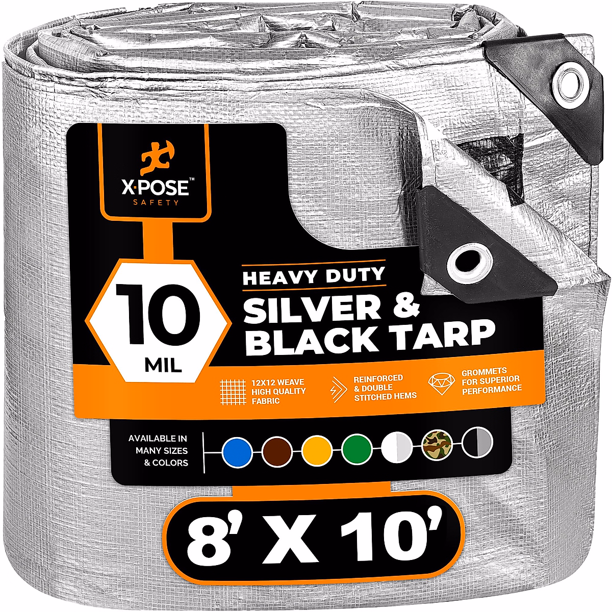Heavy Duty Poly Tarp - 8' x 10' - 10 Mil Thick Waterproof, UV Blocking Protective Cover - Reversible Silver and Black - Laminated Coating - Grommets - by Xpose Safety