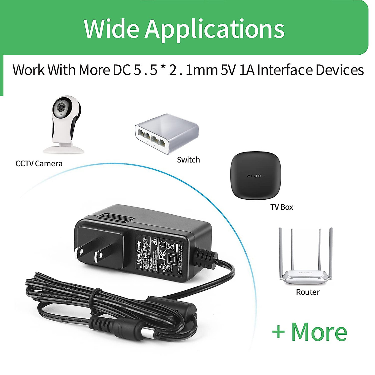 2-Pack AC to DC 5V 1A Power Supply Plug 5.5mm x 2.1mm UL Listed FCC