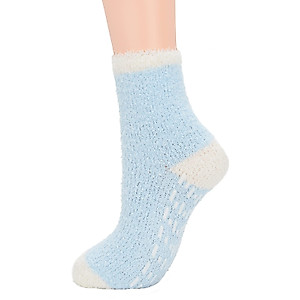 Athletic Plush Socks for Women Warm Fuzzy Socks with Grip Non Slip Socks Yoga Pilates Socks Athletic Socks 5 Pack Blue Sets with Grips One Size
