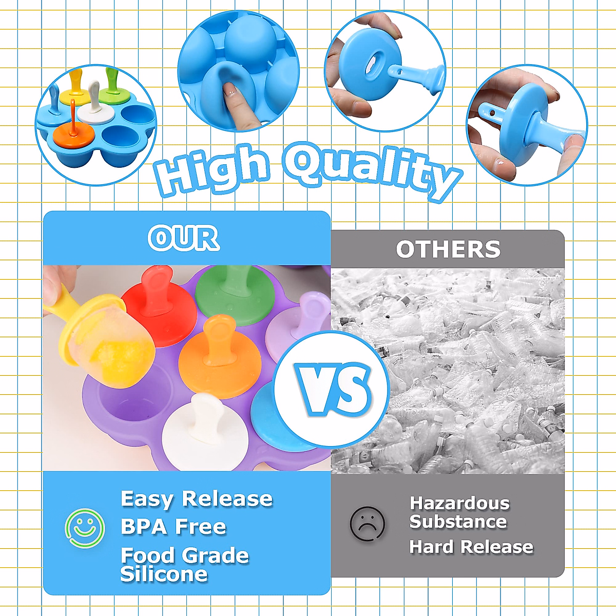 Silicone Popsicle Molds 14-cavity DIY 2Pcs Ice Pop Mold with Colorful Sticks For egg biting ice cream molds baby food storage containers non stick cake molds (Purple&Blue)