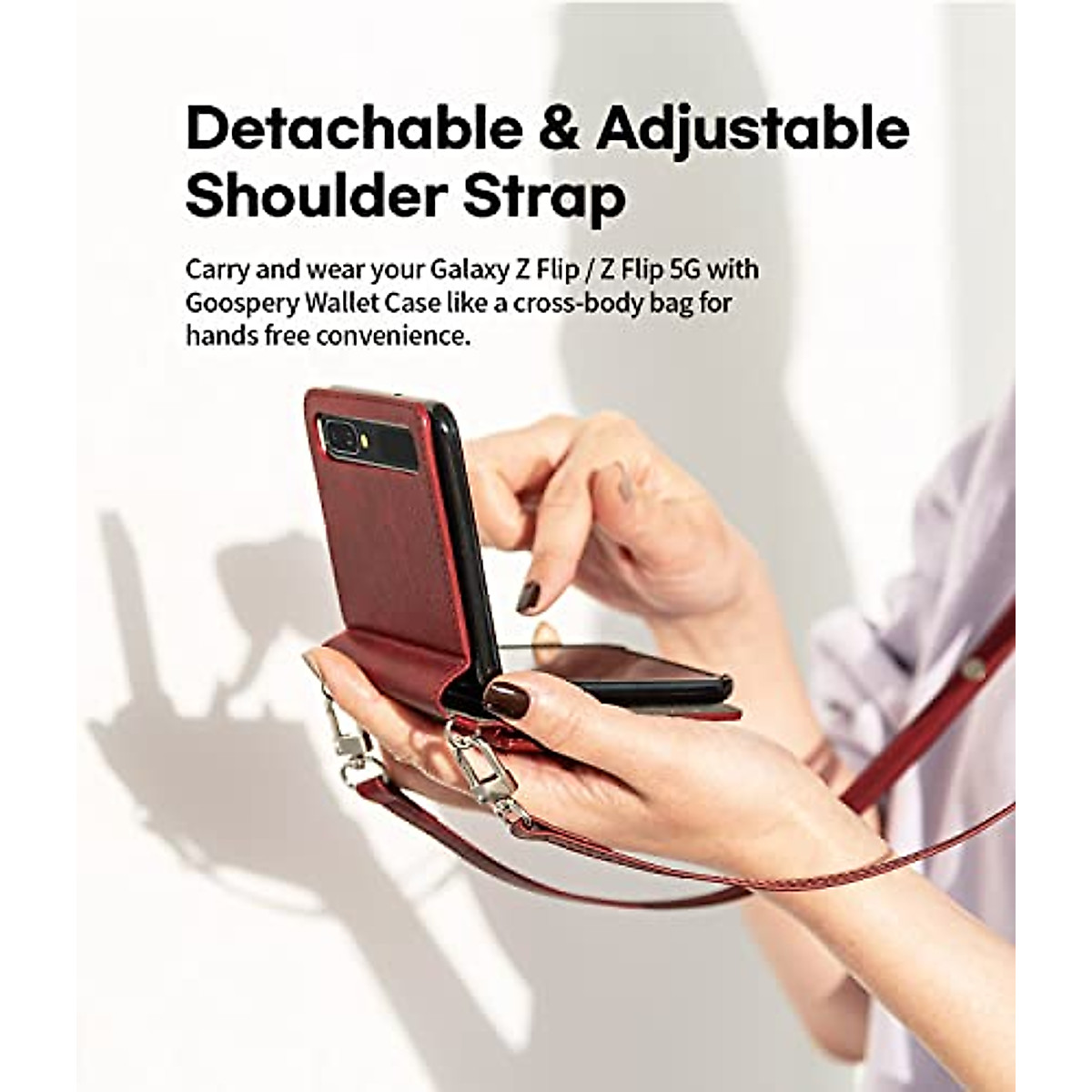 GOOSPERY Wallet Case Compatible with Galaxy Z Flip, Detachable Card Holder 2 Card Pocket Storage Premium PU Leather Adjustable Cross-Body Strap Attached Earbud Cord Organizer (Burgundy) ZFLP-DAR-BD