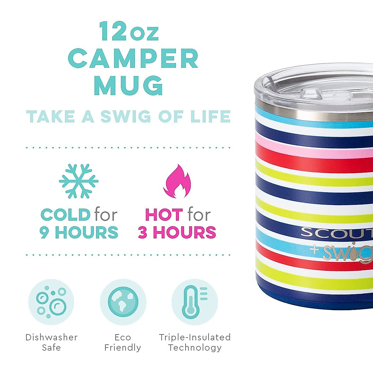 Swig Life + SCOUT Camper Mug, 12oz Travel Mug with Handle and Lid, Stainless Steel, Dishwasher Safe, Triple Insulated Coffee Mug Tumbler in On Your Markers Print