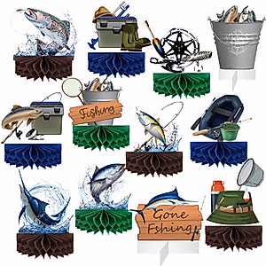 12 Pcs Fishing Decorations Gone Fishing Centerpieces Fish Party Decorations Honeycomb Party Supplies 3D Fishing Table Decor Fishing Birthday Party Supplies for Fathers Day Retirement Baby Shower